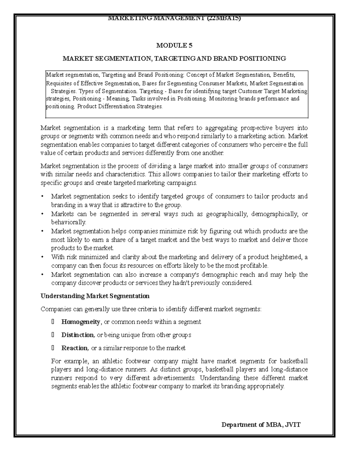 Module 5 (MM) - MODULE 5 MARKET SEGMENTATION, TARGETING AND BRAND ...