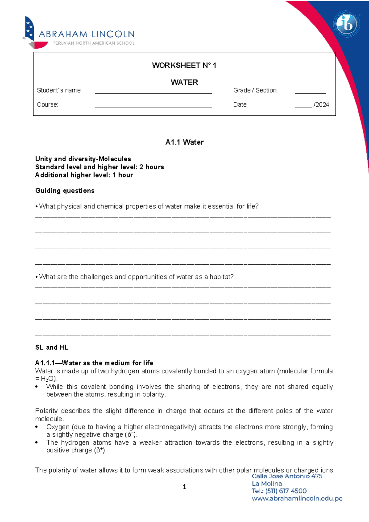 Biology Worksheet 1 Water - WORKSHEET N° 1 WATER Student ́s name
