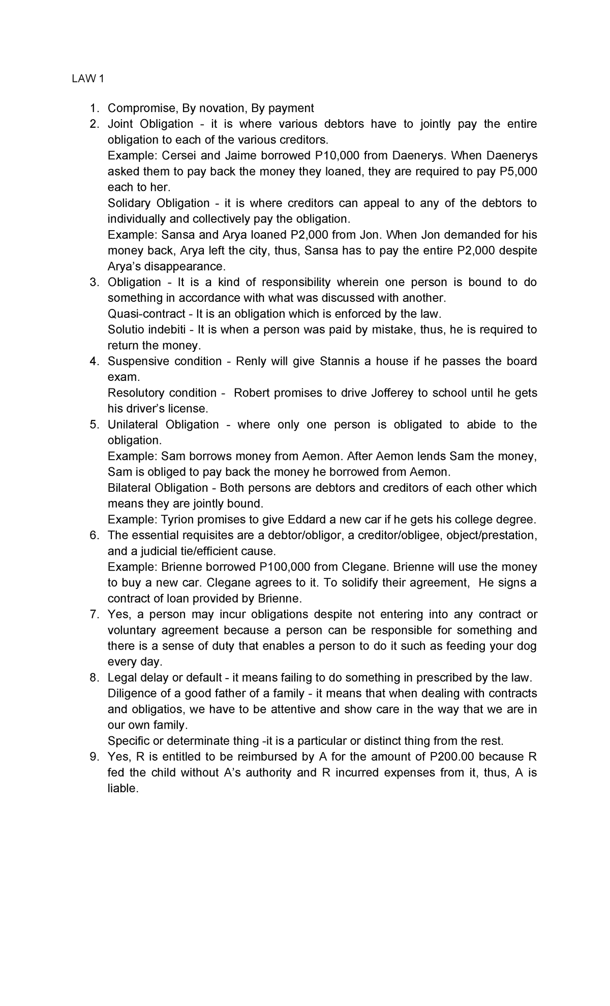 Law 1 Oblicon Notes - LAW 1 1. Compromise, By novation, By payment 2 ...
