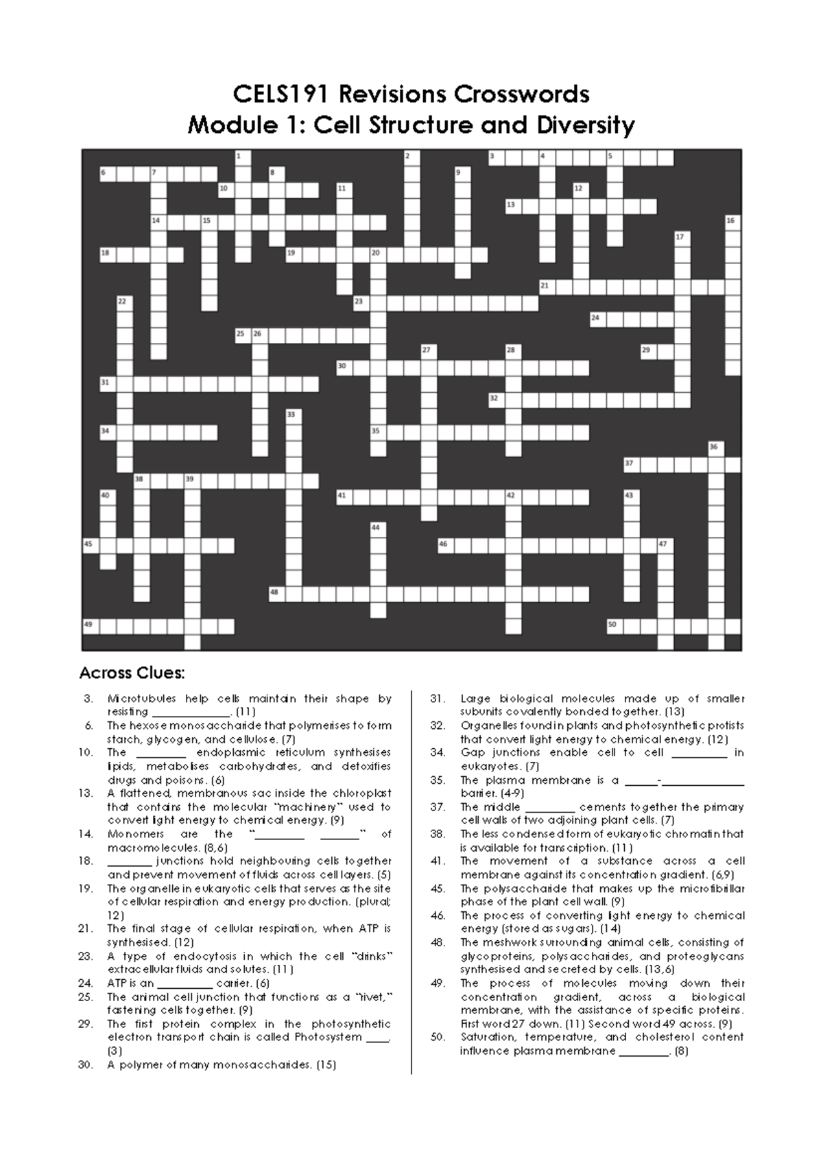 CELS191 Module 1 Crossword 2024 exam preparation - CELS191 Revisions ...