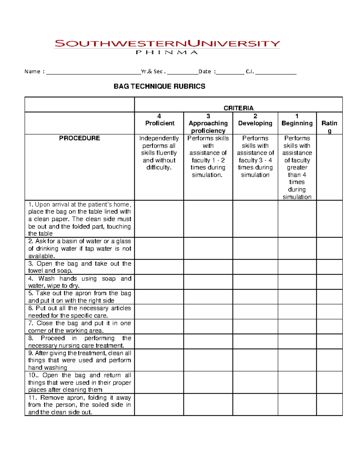 BAG- Technique-Rubrics - Name : ______________________________Yr.& Sec ...