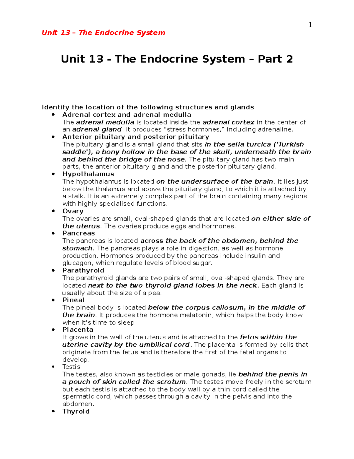 UNIT 13 - Endocrine System - Part 2 - 1 Unit 13 – The Endocrine System ...