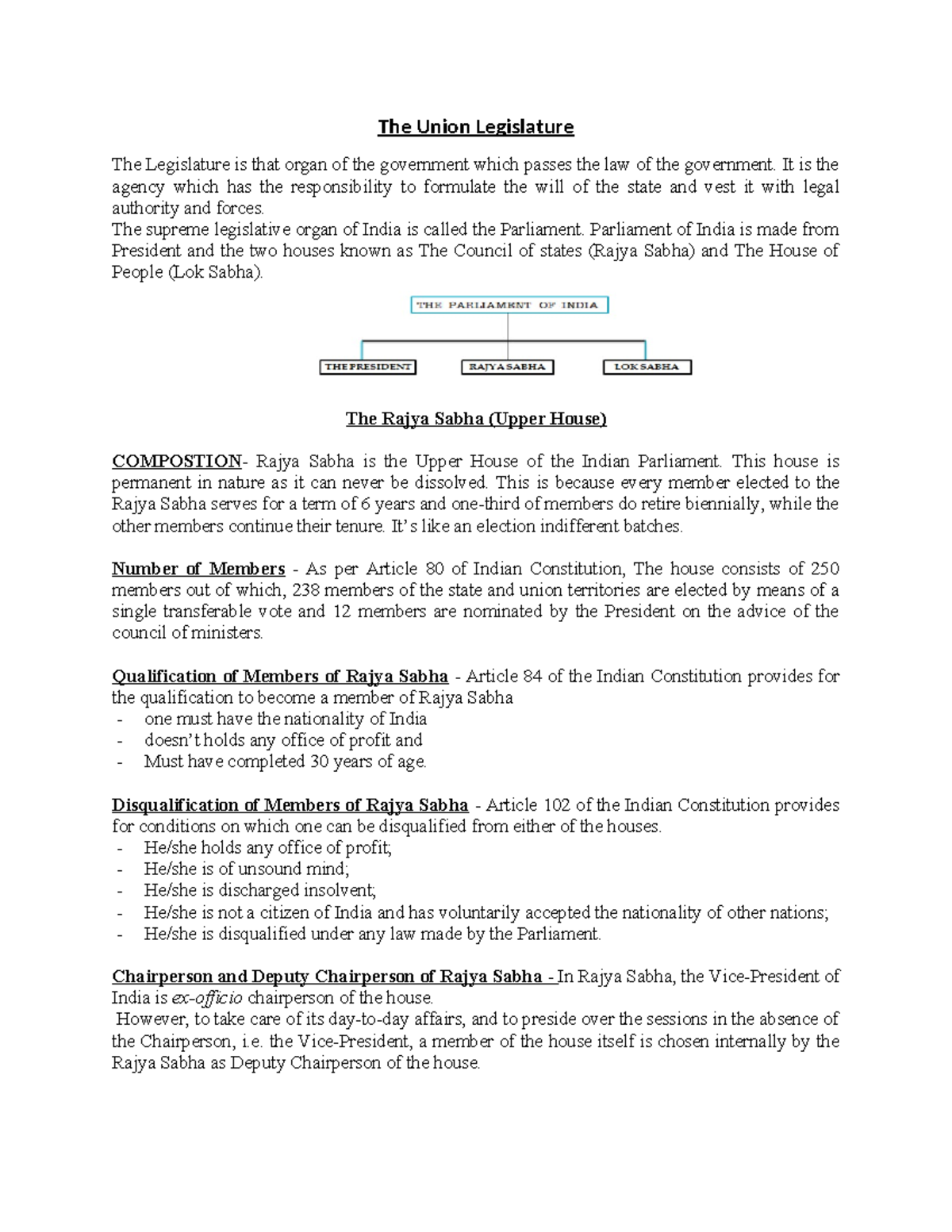 Constitutional Law II - notes for students - The Union Legislature The ...