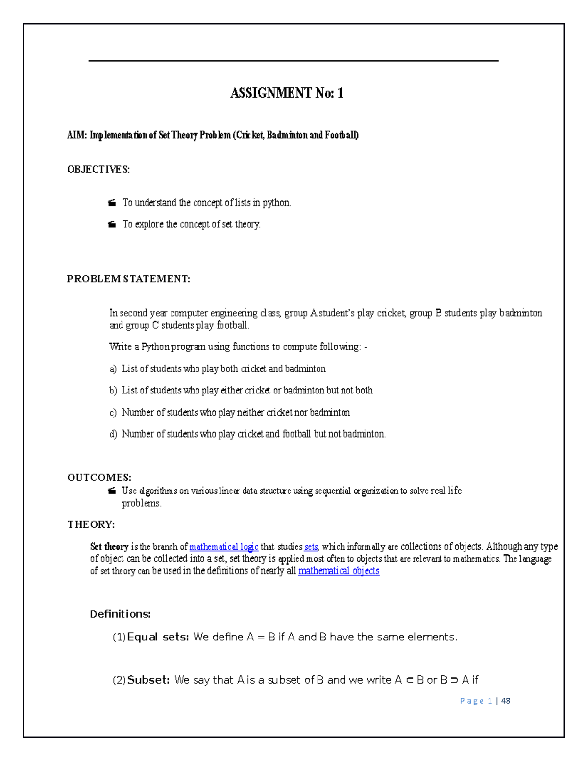 1 to 4 DSL List of Experiments - P a g e 1 | 48 AIM: Implementation of ...