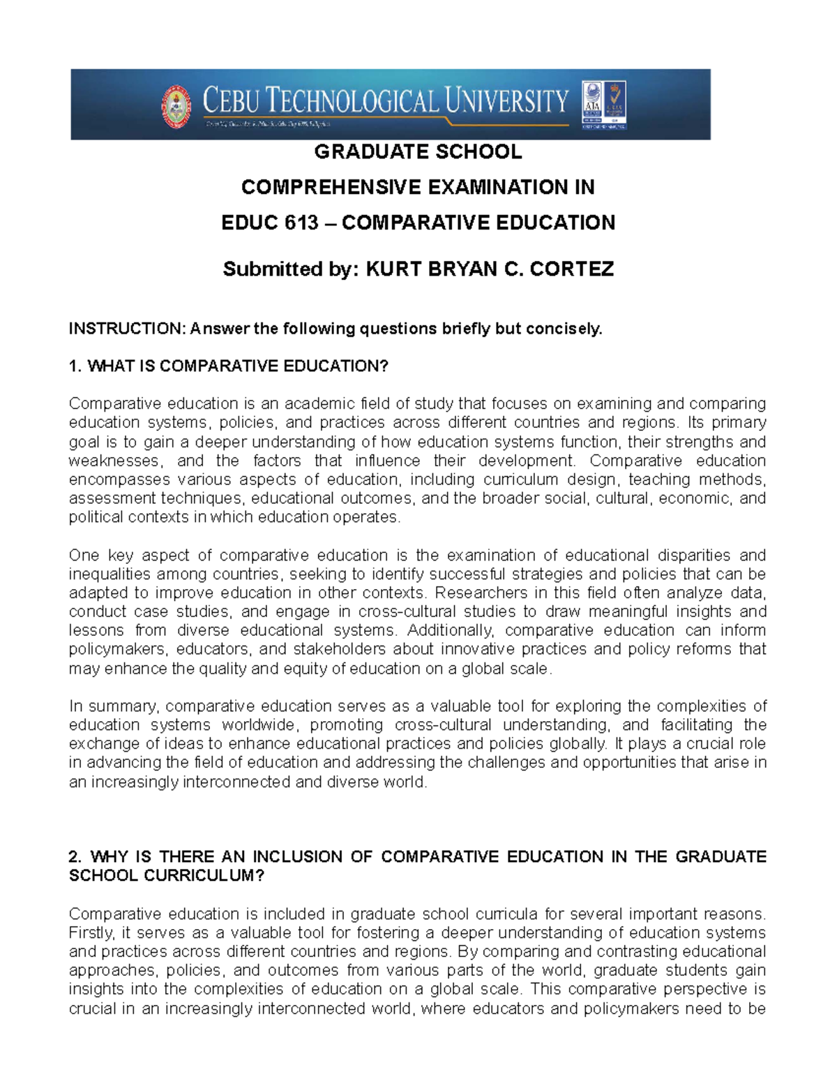 EDUC 613 – Comparative Education - GRADUATE SCHOOL COMPREHENSIVE EXAMINATION IN EDUC 613 – - Studocu