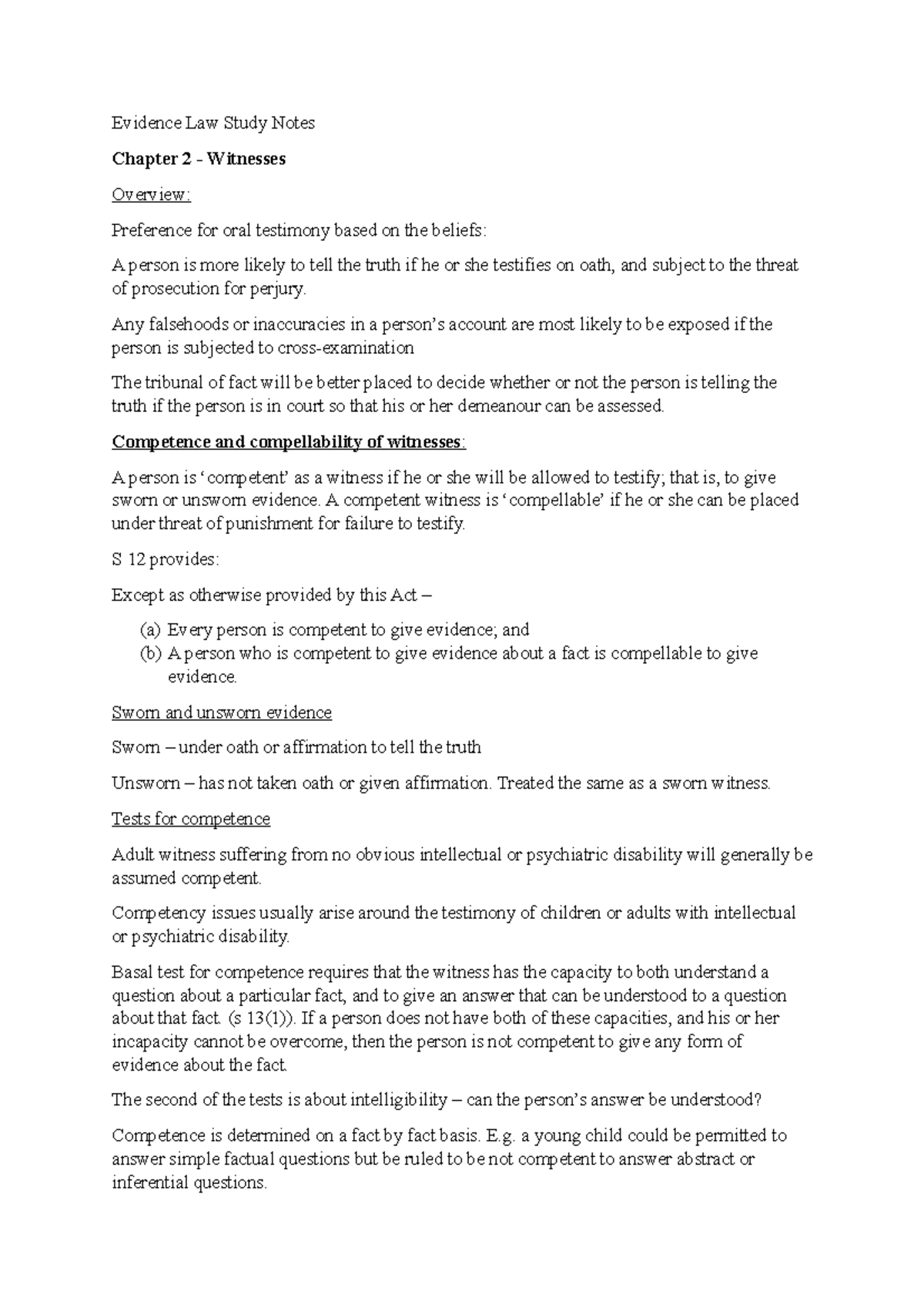 Evidence study notes - Evidence Law Study Notes Chapter 2 - Witnesses ...