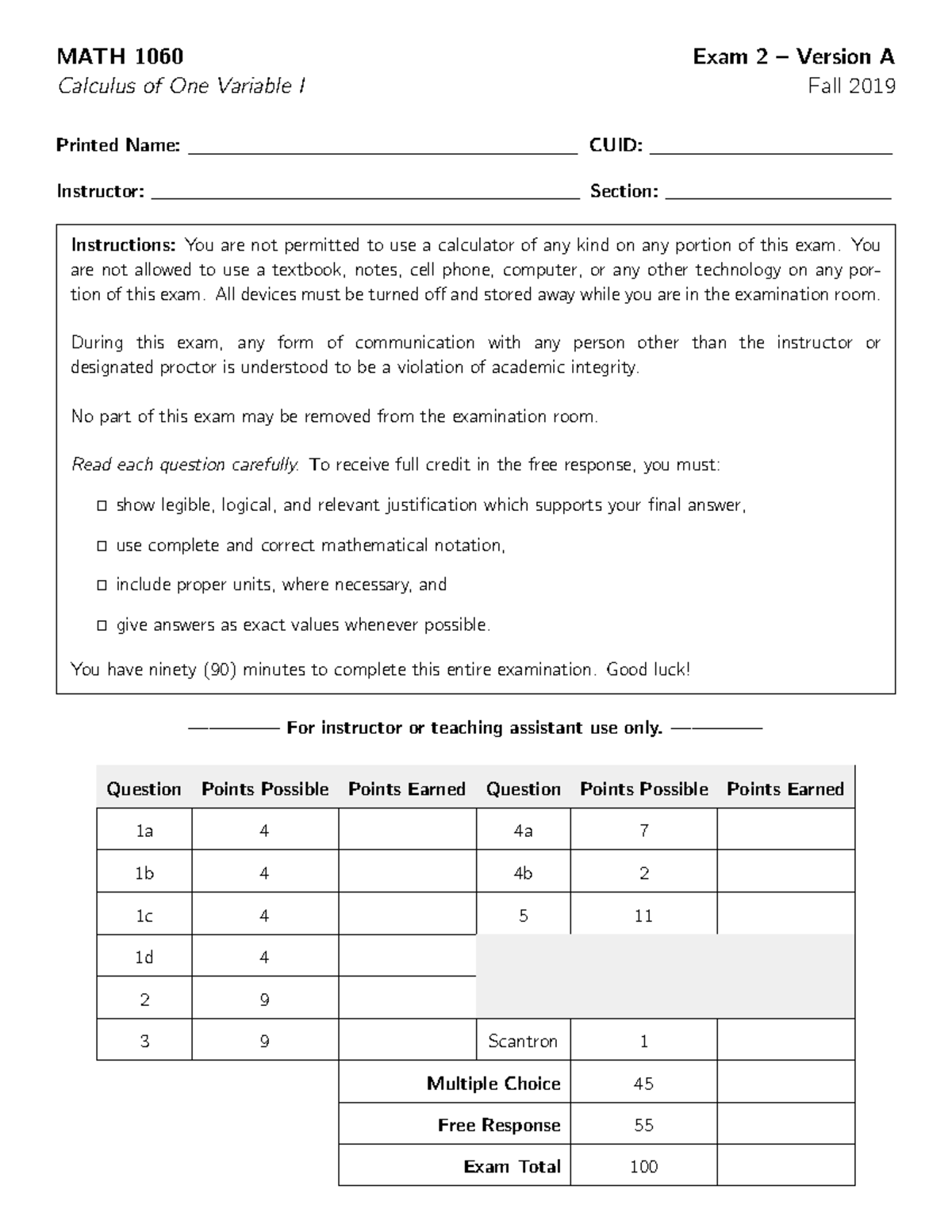 Math1060-fall2019-exam2 - MATH 1060 Exam 2 – Version A Calculus of One ...