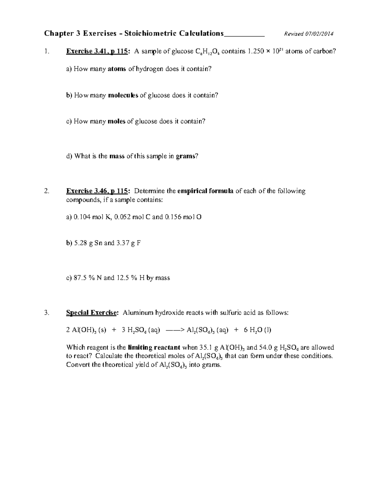 Exercises, Chapter 03 - Chapter 3 Exercises - Stoichiometric ...