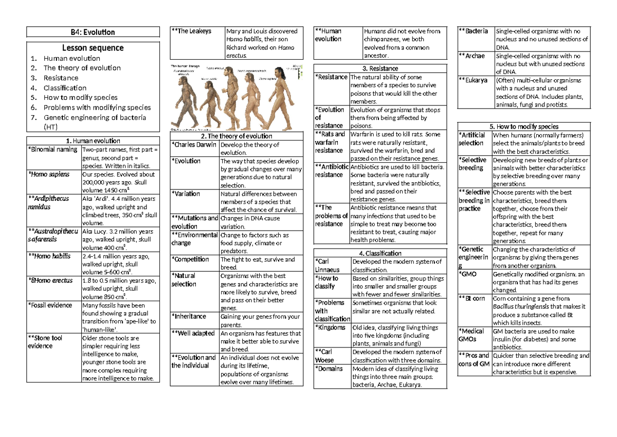 KO B4 Evolution - bio - B4: Evolution Lesson sequence 1. Human ...