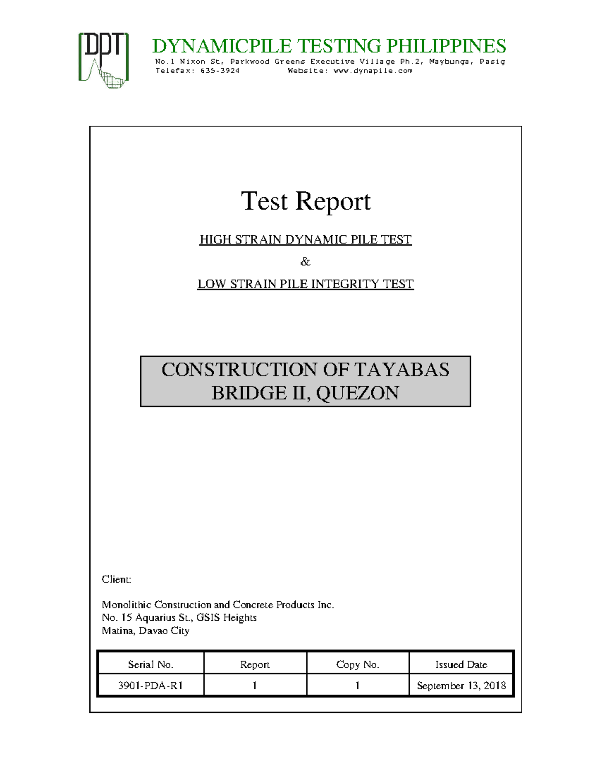 PIT PDA Testing result - DYNAMICPILE TESTING PHILIPPINES No Nixon St ...