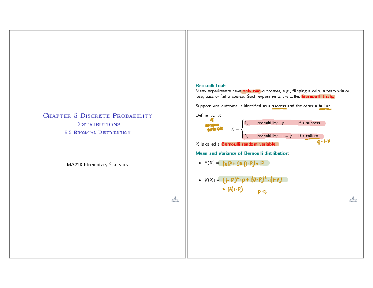 MATH 210 - 5.2 - Week 5 - Discrete Probability Distributions - Binomial ...