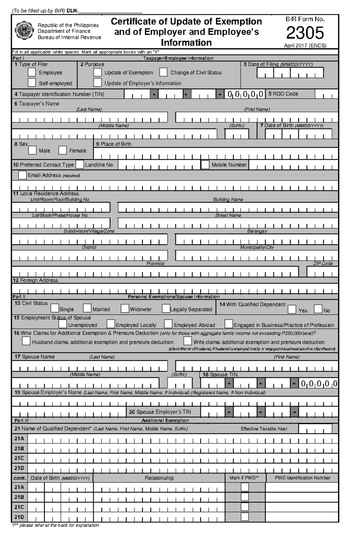 BIR Form 2305 updating - Useful form - (To be filled up by BIR) DLN