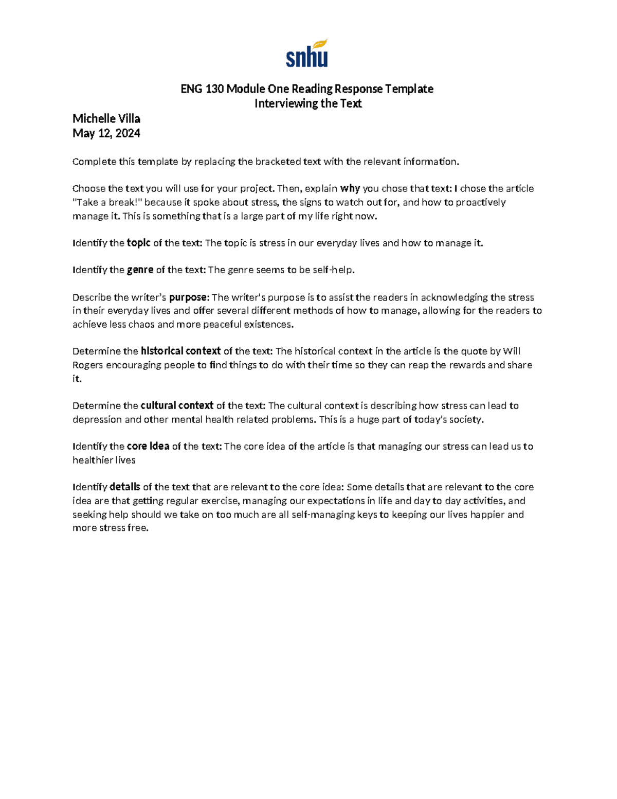 ENG 130 Module One Reading Response Template - ENG 130 Module One ...