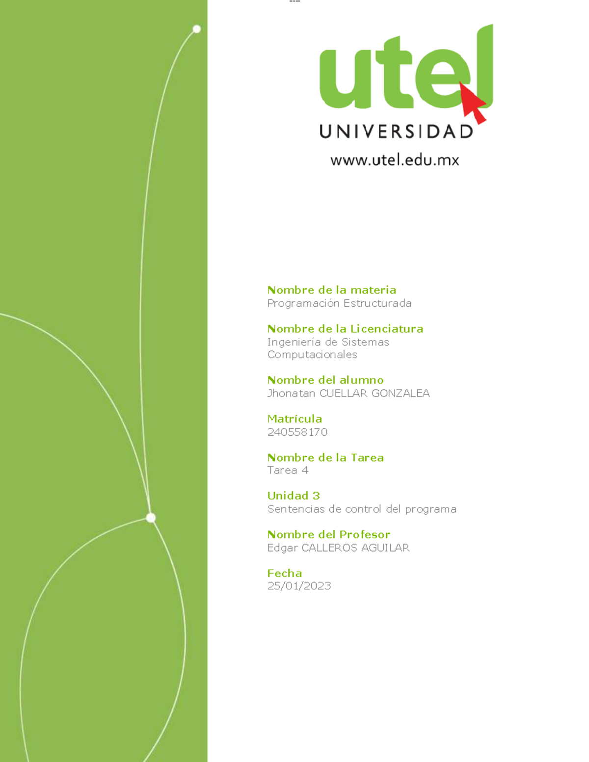 Actividad 4 programacion estructurada - Nombre de la materia Programación Estructurada Nombre de ...