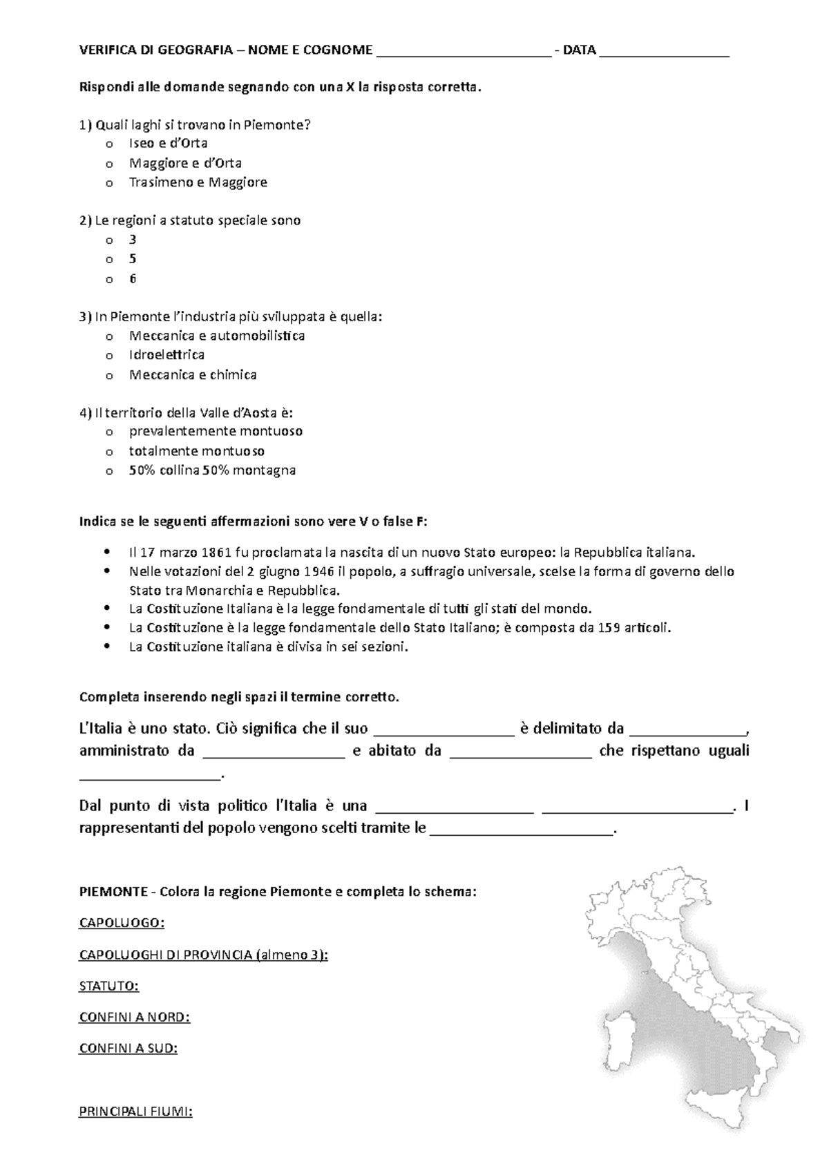 Verifica Regioni E Stato Italiano - VERIFICA DI GEOGRAFIA – NOME E ...