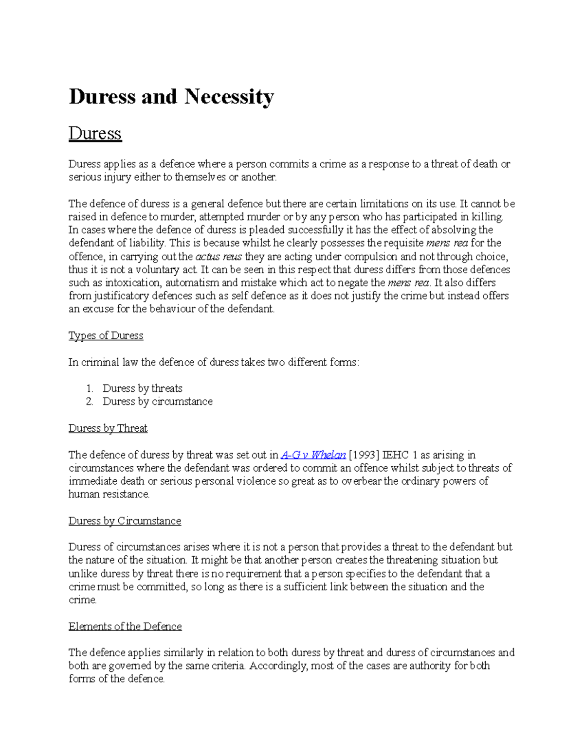 Duress and Necessity - Summary with focus on foundation cases. - Duress ...