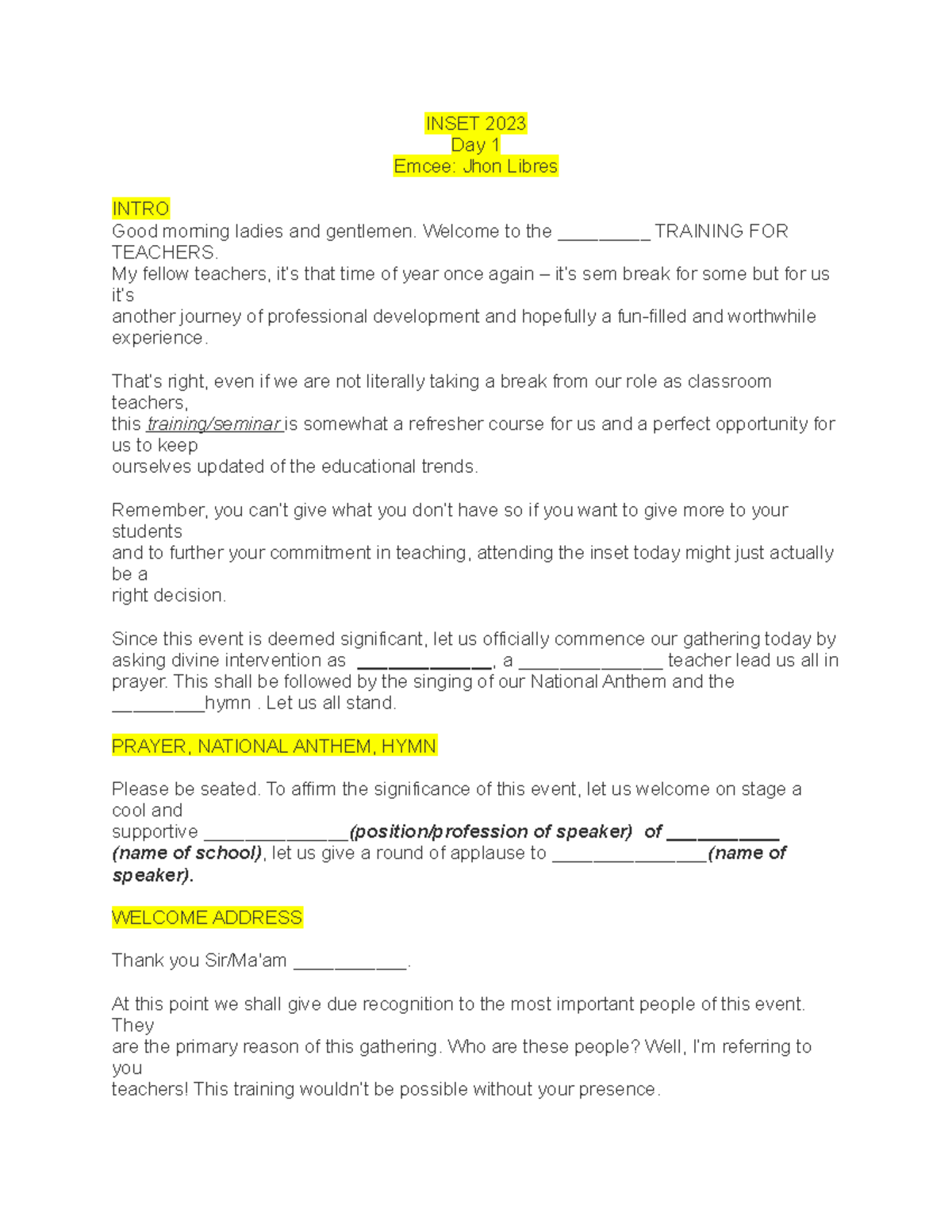 Inset 2023 emcee spill - INSET 2023 Day 1 Emcee: Jhon Libres INTRO Good ...