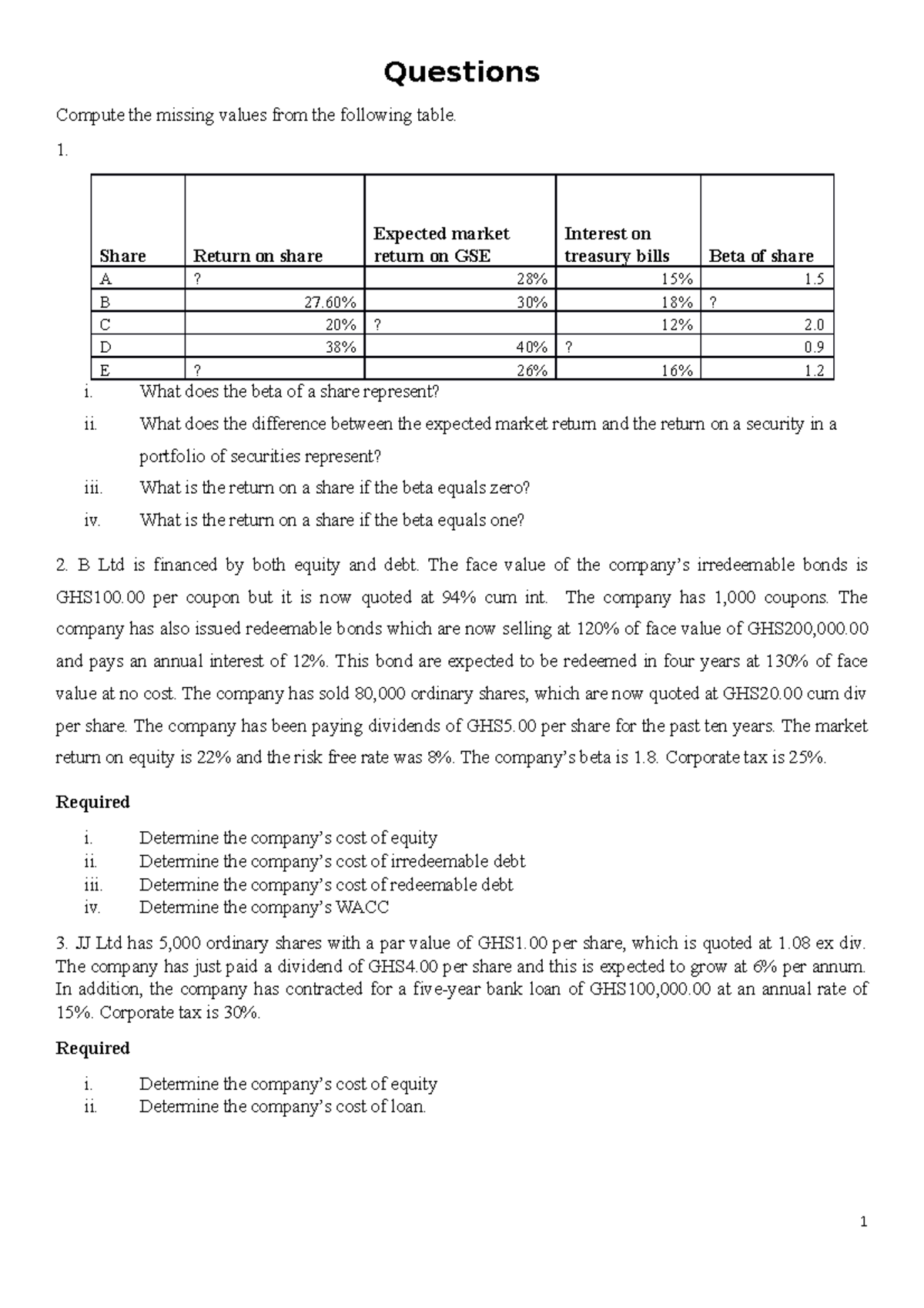 Trial questions - Questions Compute the missing values from the ...