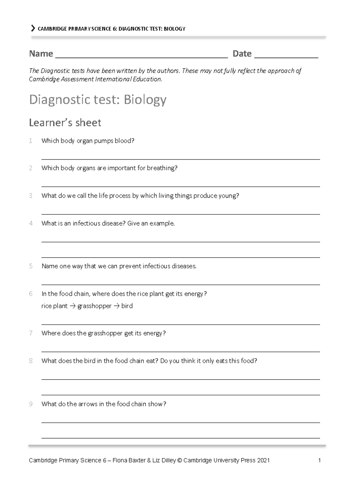 P Science 6 diagnostic Biology - CAMBRIDGE PRIMARY SCIENCE 6 ...