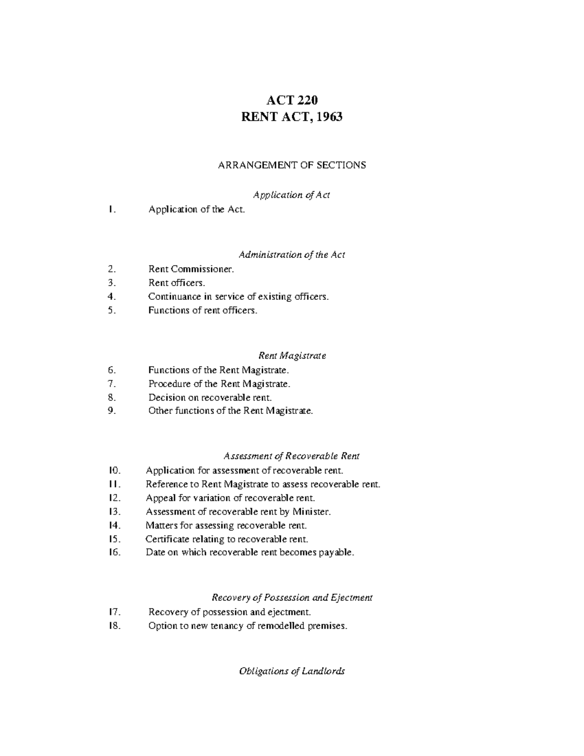 RENT ACT, 1963 - ACT - ACT 220 RENT ACT, 1963 ARRANGEMENT OF SECTIONS ...