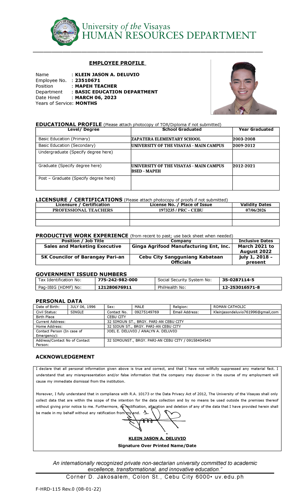 F-HRD-115 Employee Profile - - Studocu