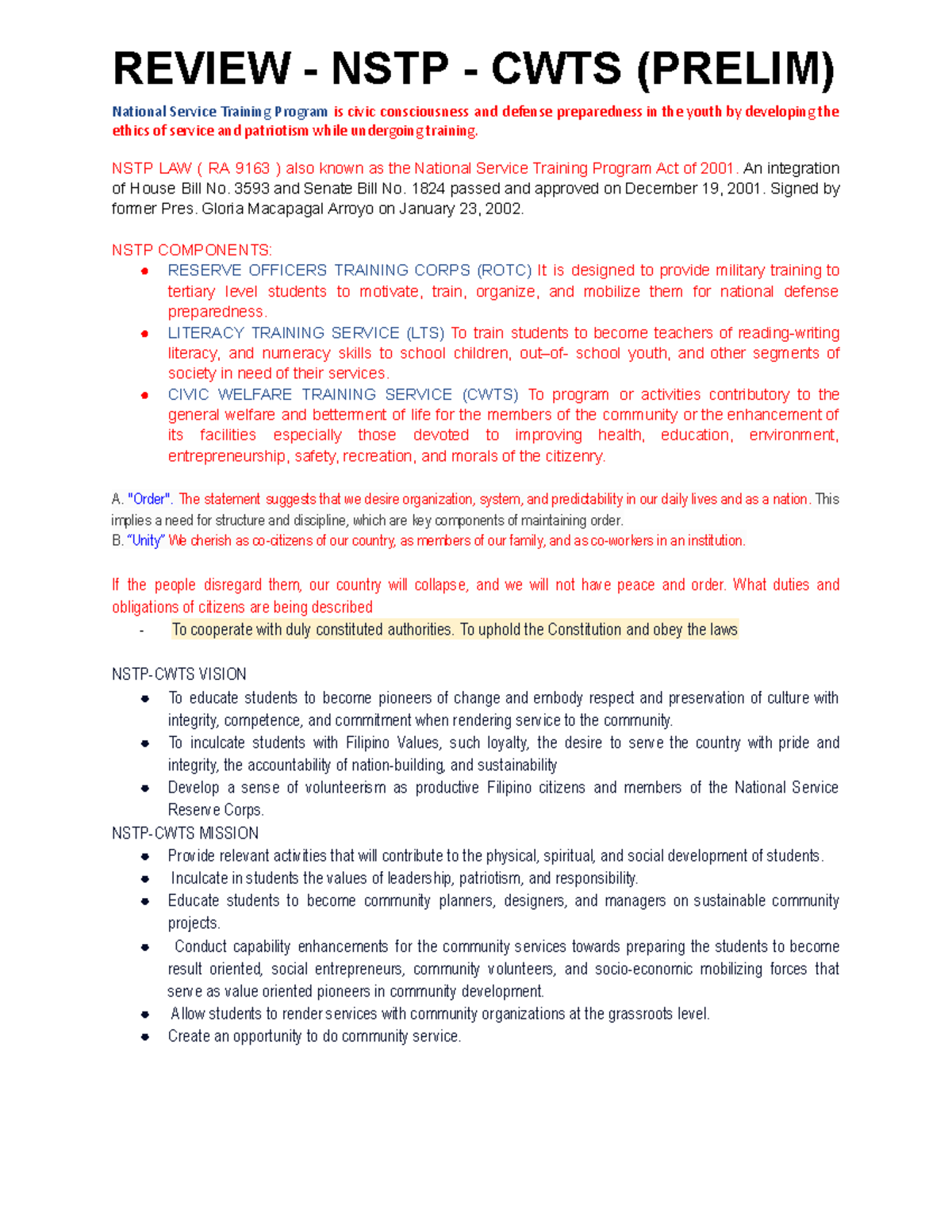 NSTP1 Review- Prelim - REVIEW - NSTP - CWTS (PRELIM) National Service ...