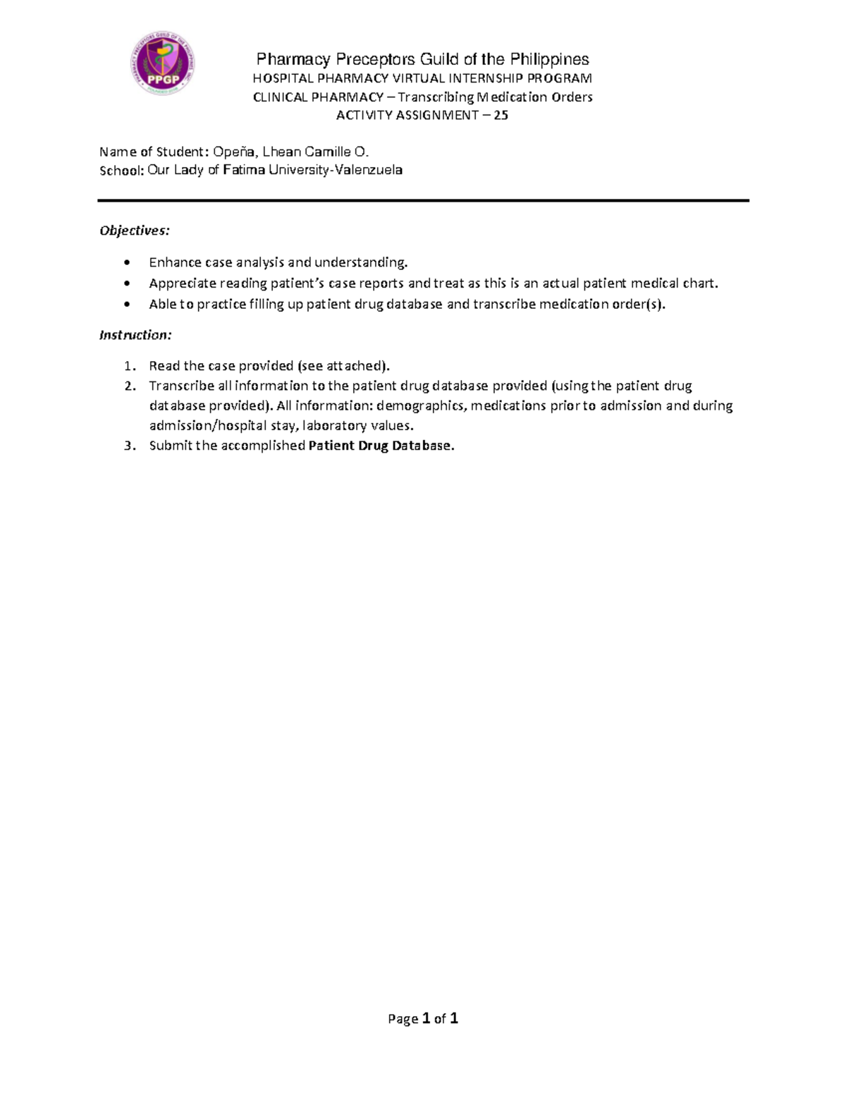 Lhean Ope a CP Activity 25 Transcribing Medication Order - Pharmacy ...