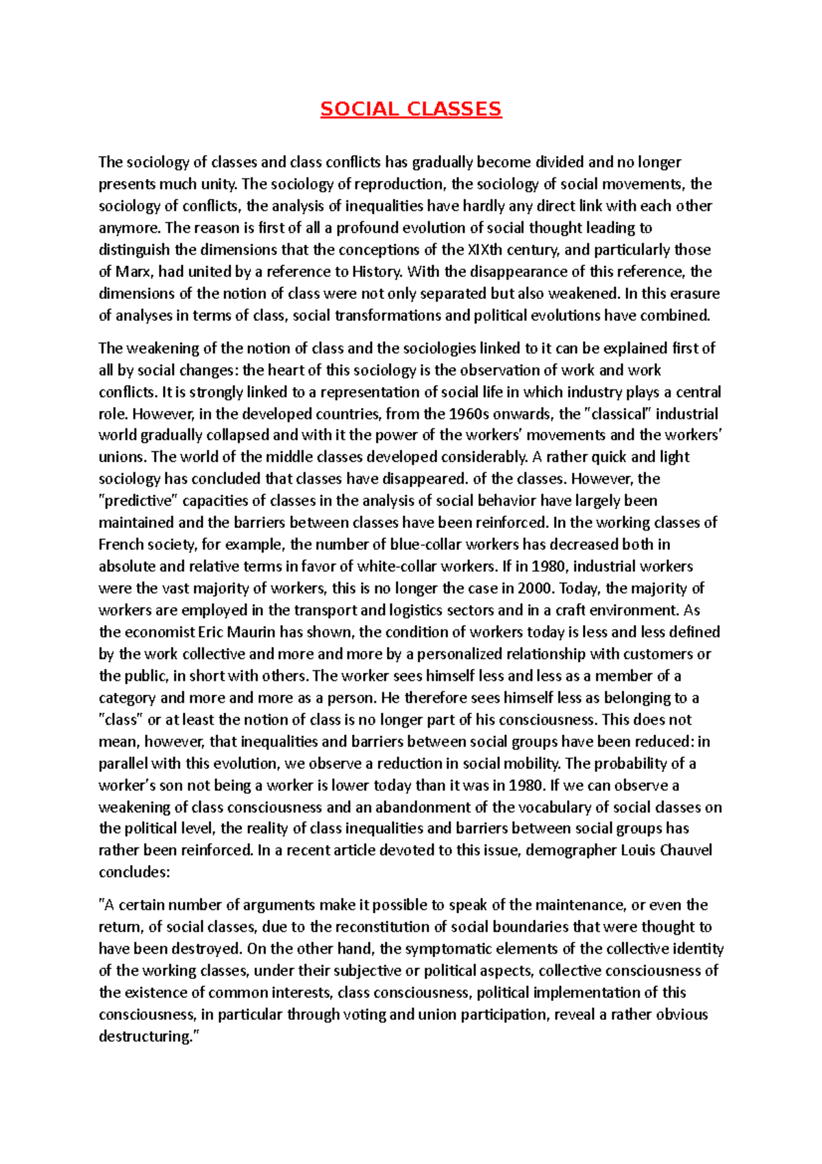 Introduction to sociology 44 - SOCIAL CLASSES The sociology of classes ...