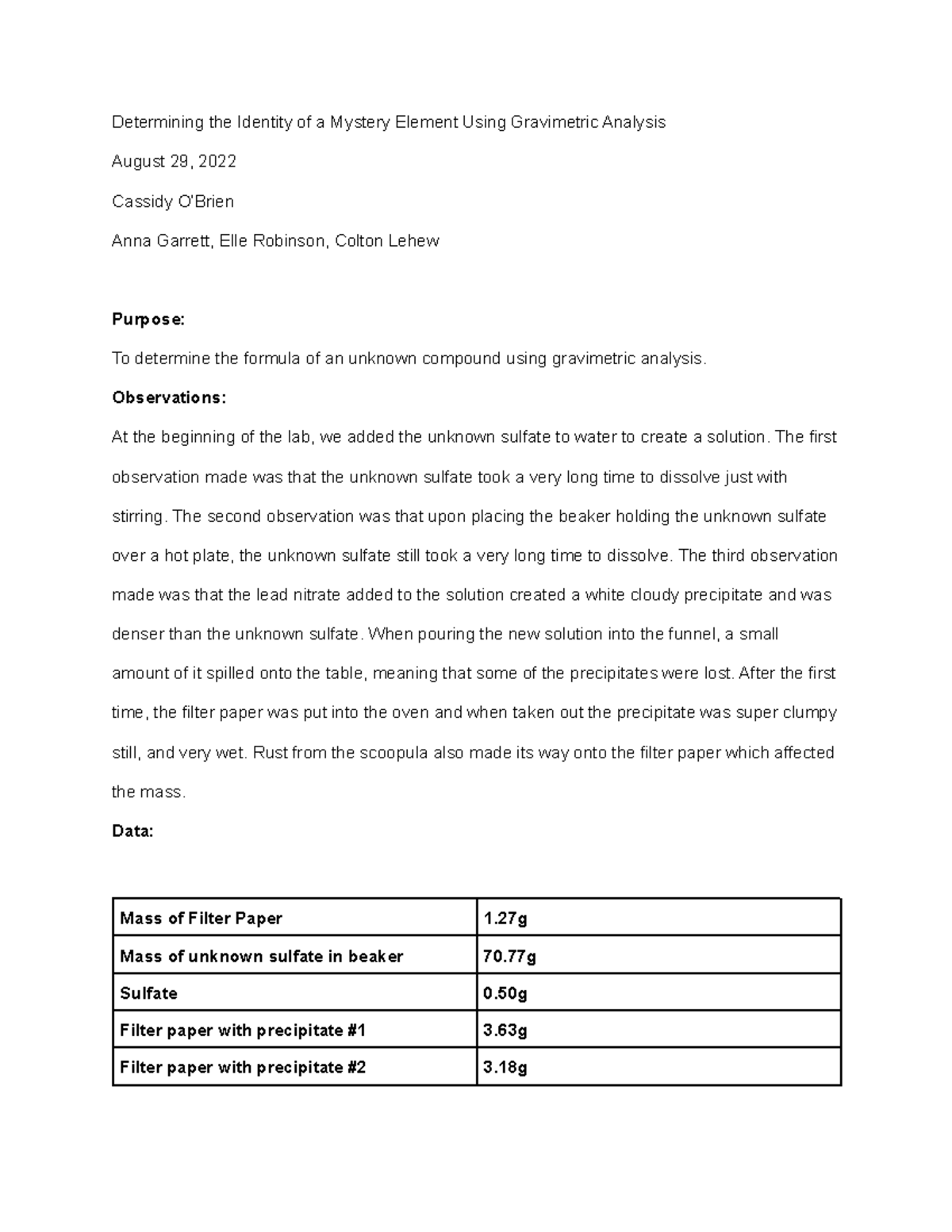Chem Lab Report 1 [Complete] - Determining the Identity of a Mystery ...