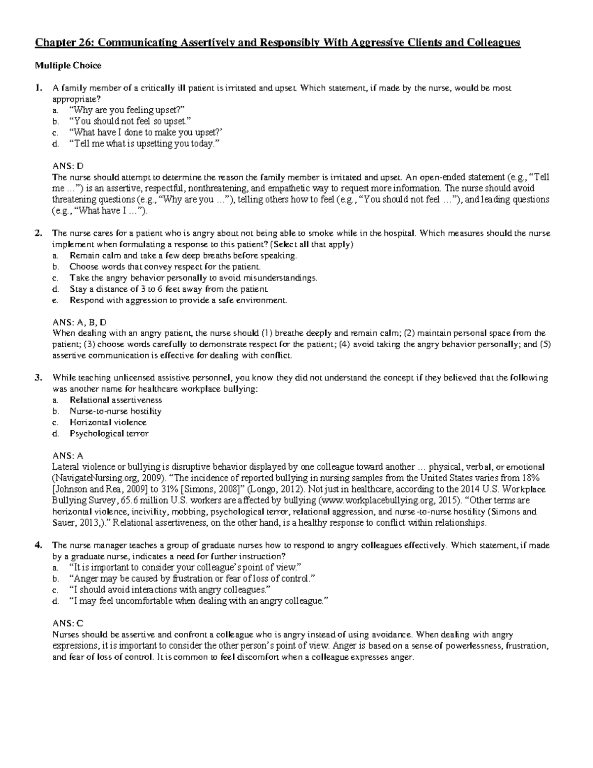 NURS 404 Exam 3 Practice Q&A - Chapter 26: Communicating Assertively ...
