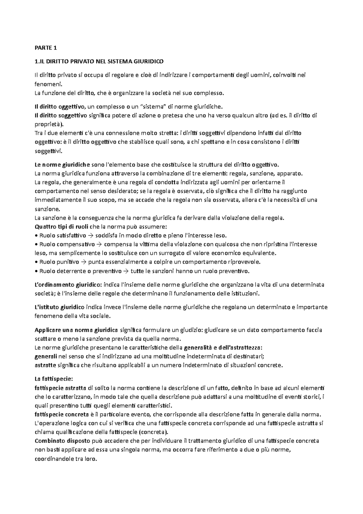 Privato riassunto - PARTE 1 1 DIRITTO PRIVATO NEL SISTEMA GIURIDICO Il ...