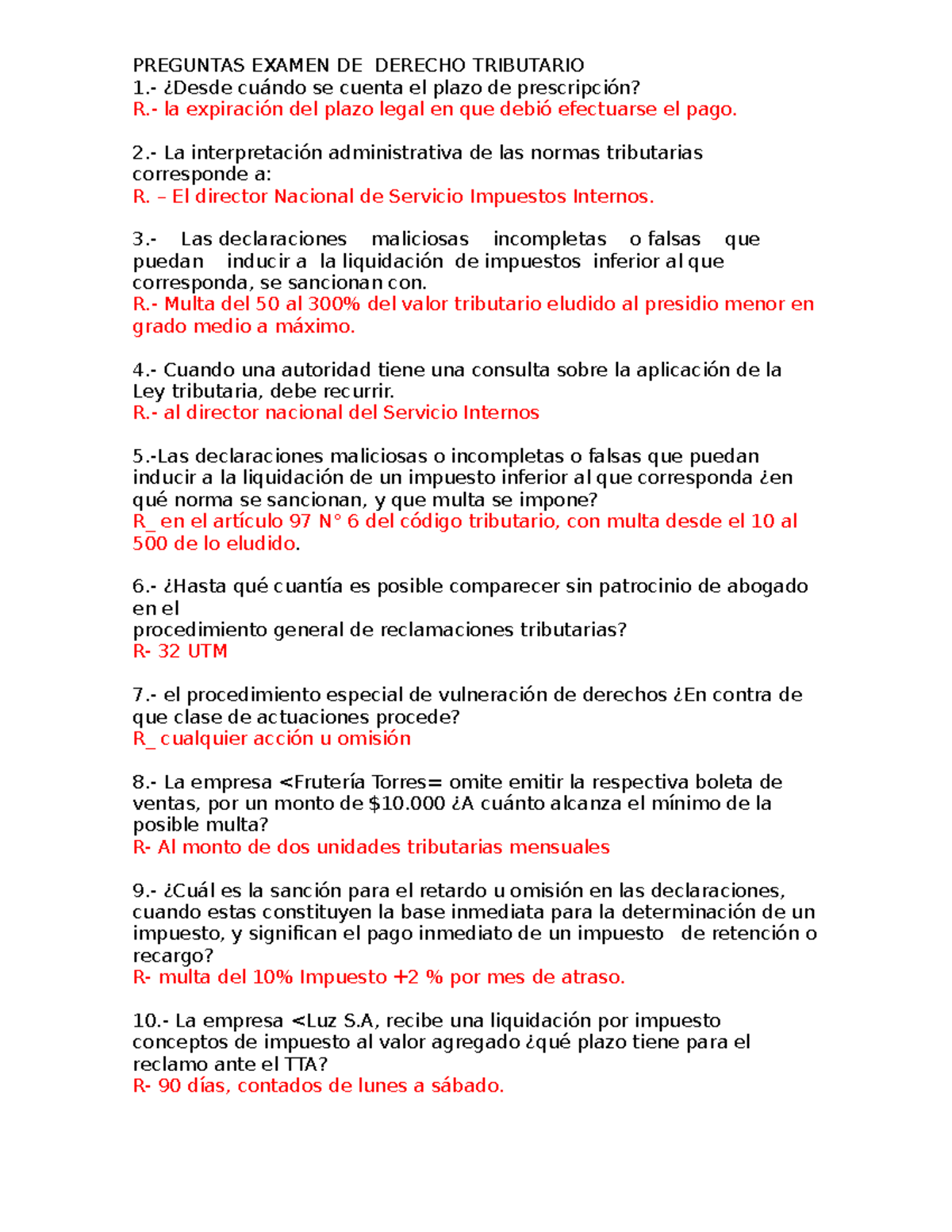 Preguntas Examen DE Derecho Tributario 43 Preguntas - PREGUNTAS EXAMEN DE DERECHO TRIBUTARIO 1 ...