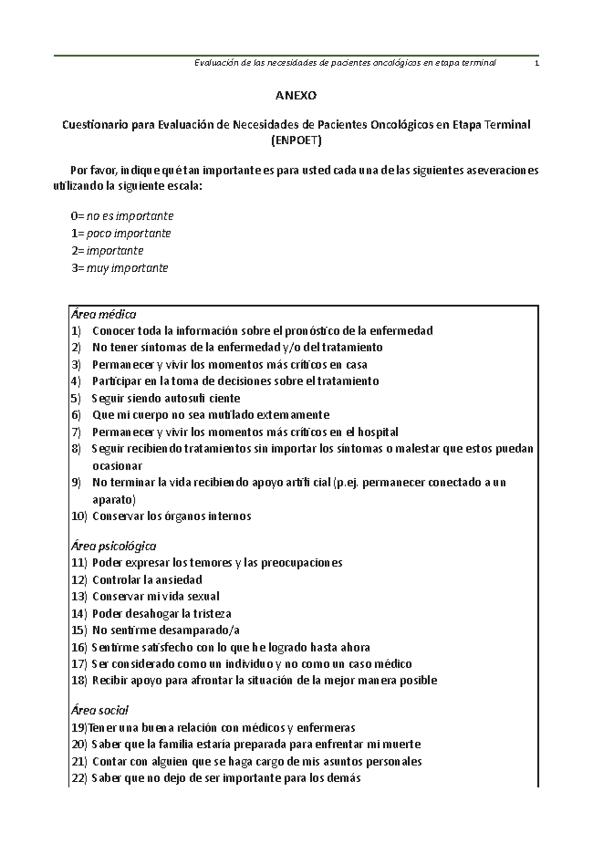 Cuestionario para pacientes terminales - Evaluación de las necesidades ...