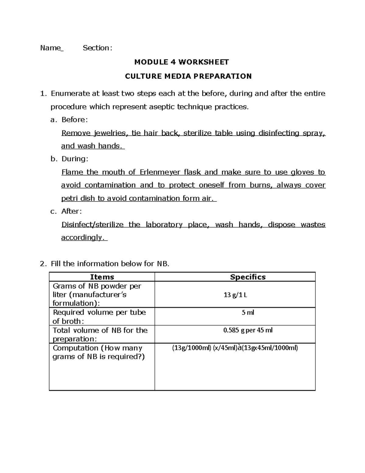 Module 4 Lab Worksheet - Name Section: MODULE 4 WORKSHEET CULTURE MEDIA ...