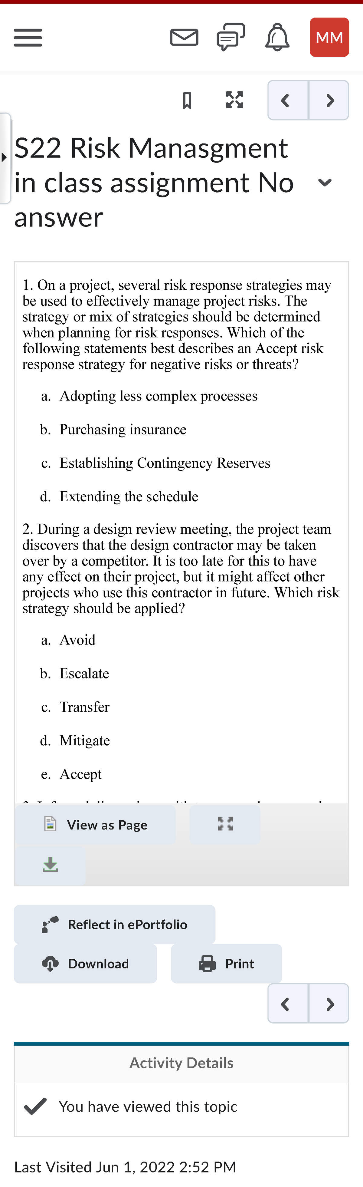 S22 Risk Manasgment in class assignment No answer… - Reflect in ...