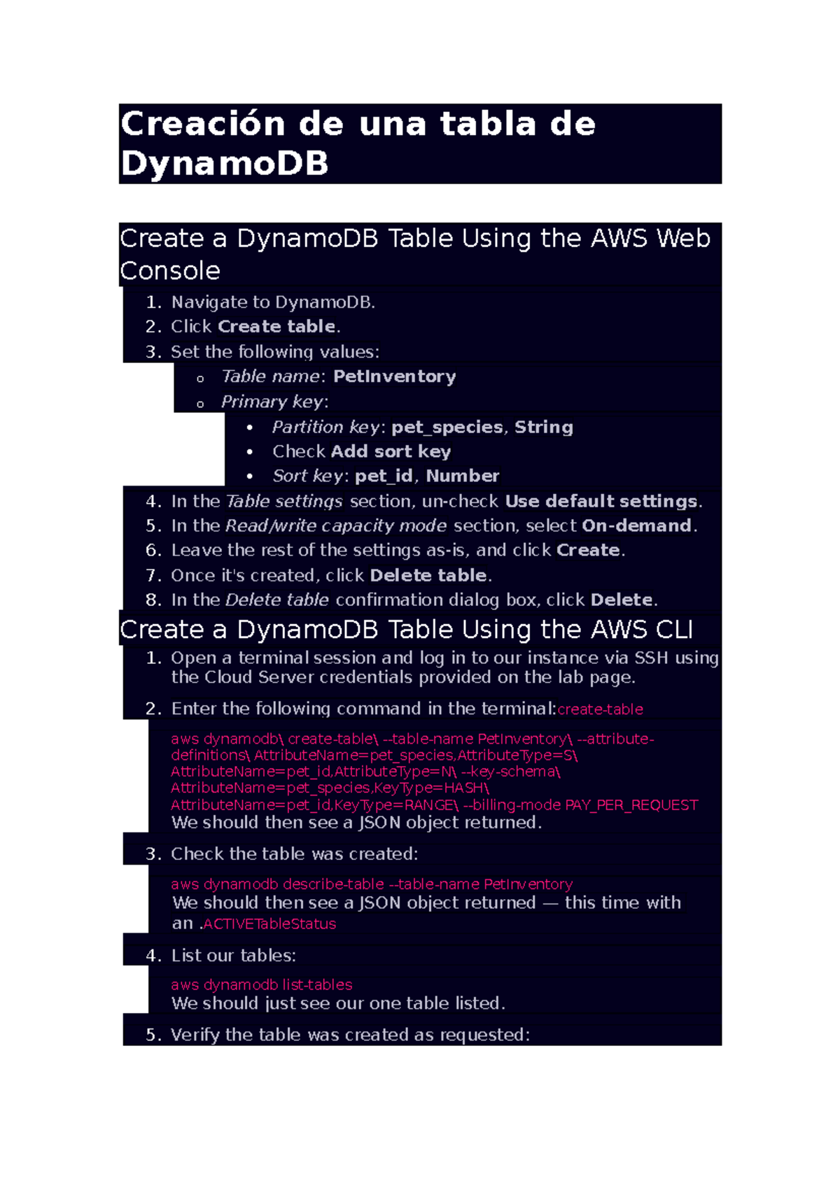 Creating A Dynamo Db Table Creación De Una Tabla De Dynamodb Create A Dynamodb Table Using The