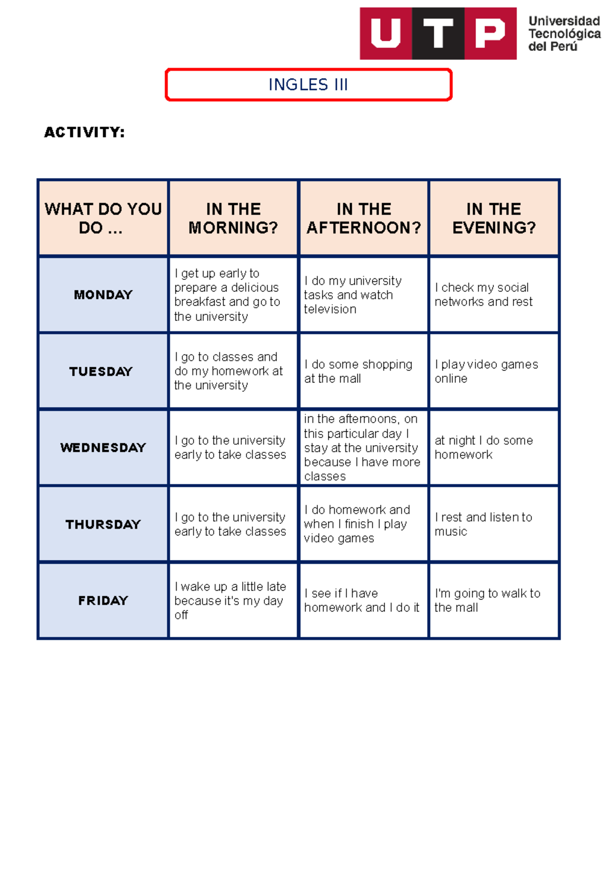 Week 01 - Task Assignment - My Daily Routine - ACTIVITY: WHAT DO YOU DO ... IN THE MORNING? IN ...