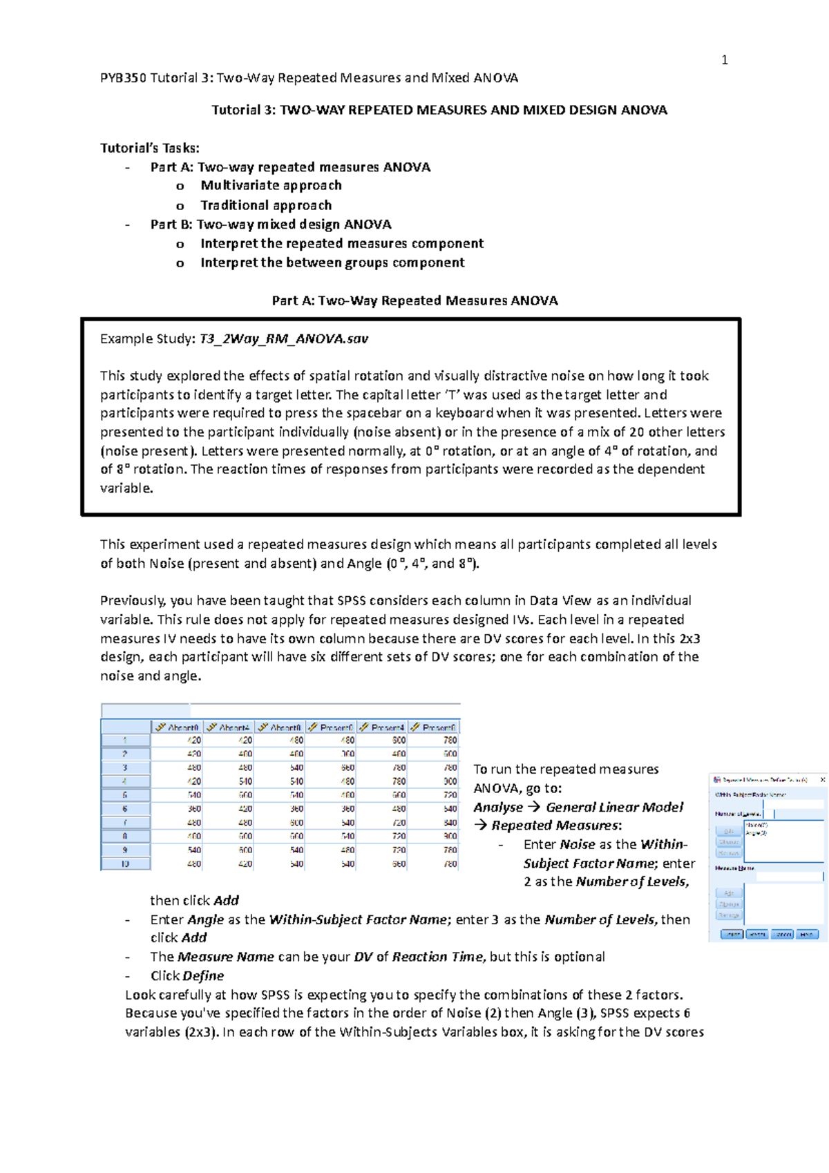 Tutorial 3-1 - PYB350 Tutorial 3: Two-Way Repeated Measures and Mixed ANOVA Tutorial 3: TWO-WAY ...