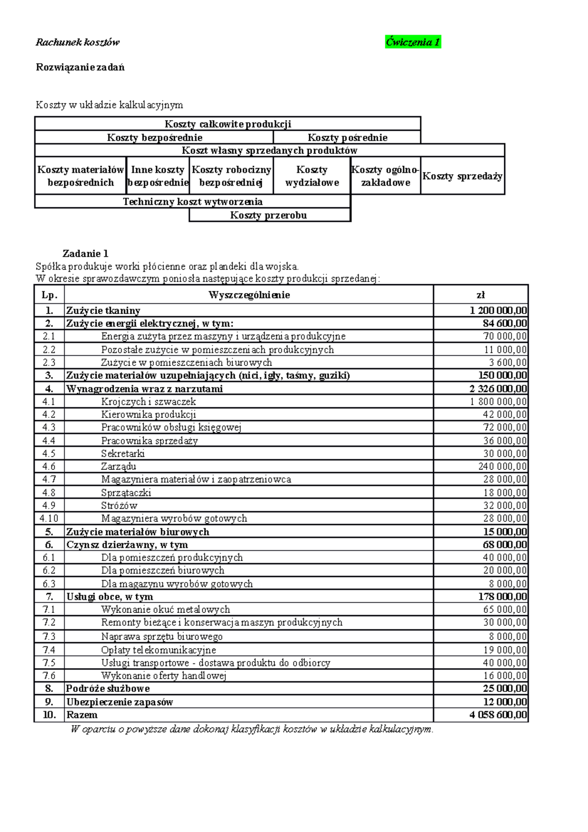 Rachunek kosztów Rozwiazania do zadań - Rachunek kosztów Ćwiczenia 1 ...