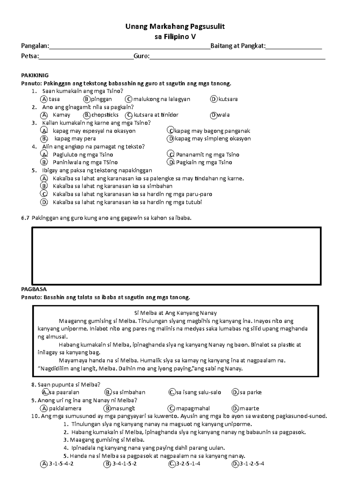 PT Filipino 5 Q1 - none - Unang Markahang Pagsusulit sa Filipino V ...