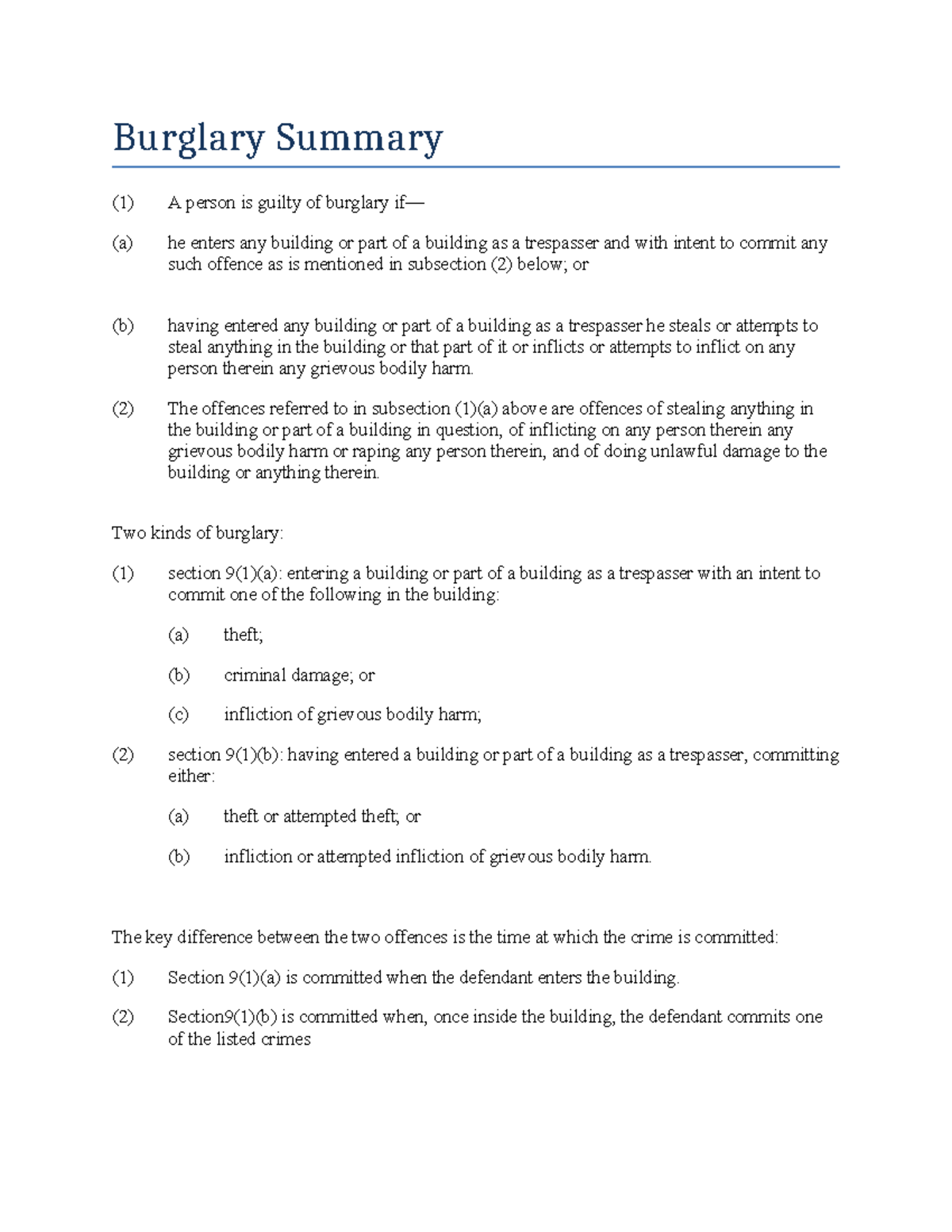 Burglary lecture Notes criminal law - Burglary Summary (1) A person is ...