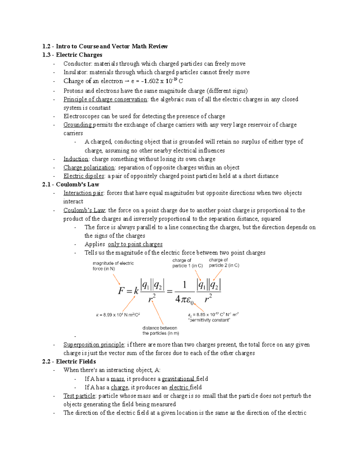 Physics Final Notes - All Sections - 1 - Intro to Course and Vector ...