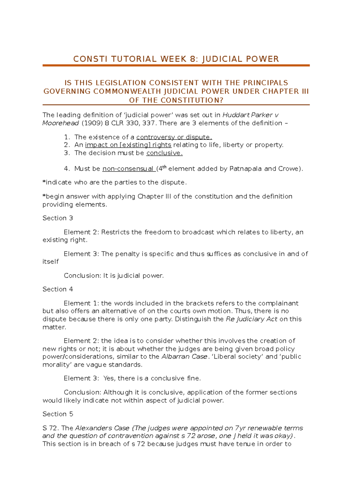 Consti week 8 - tutorial questions about judicial power in federal courts - CONSTI TUTORIAL WEEK ...