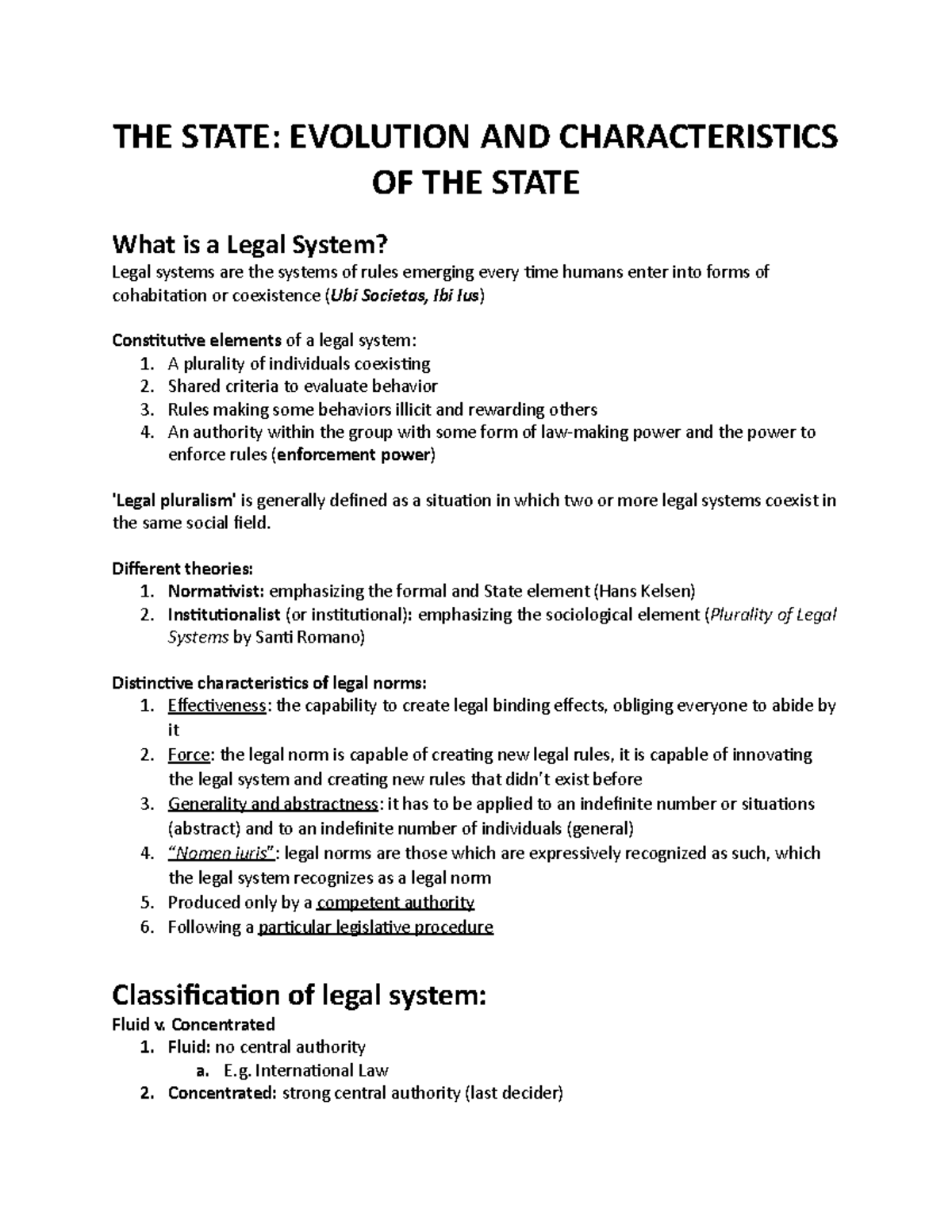 Legal System Notes - Prof. Frosini - THE STATE: EVOLUTION AND ...