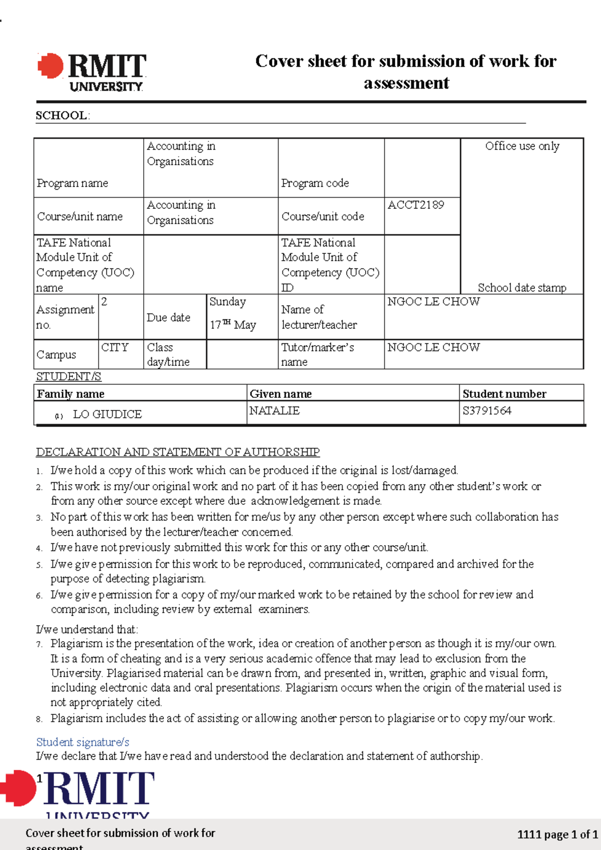 Accounting assignment 2 - Cover sheet for submission of work for ...