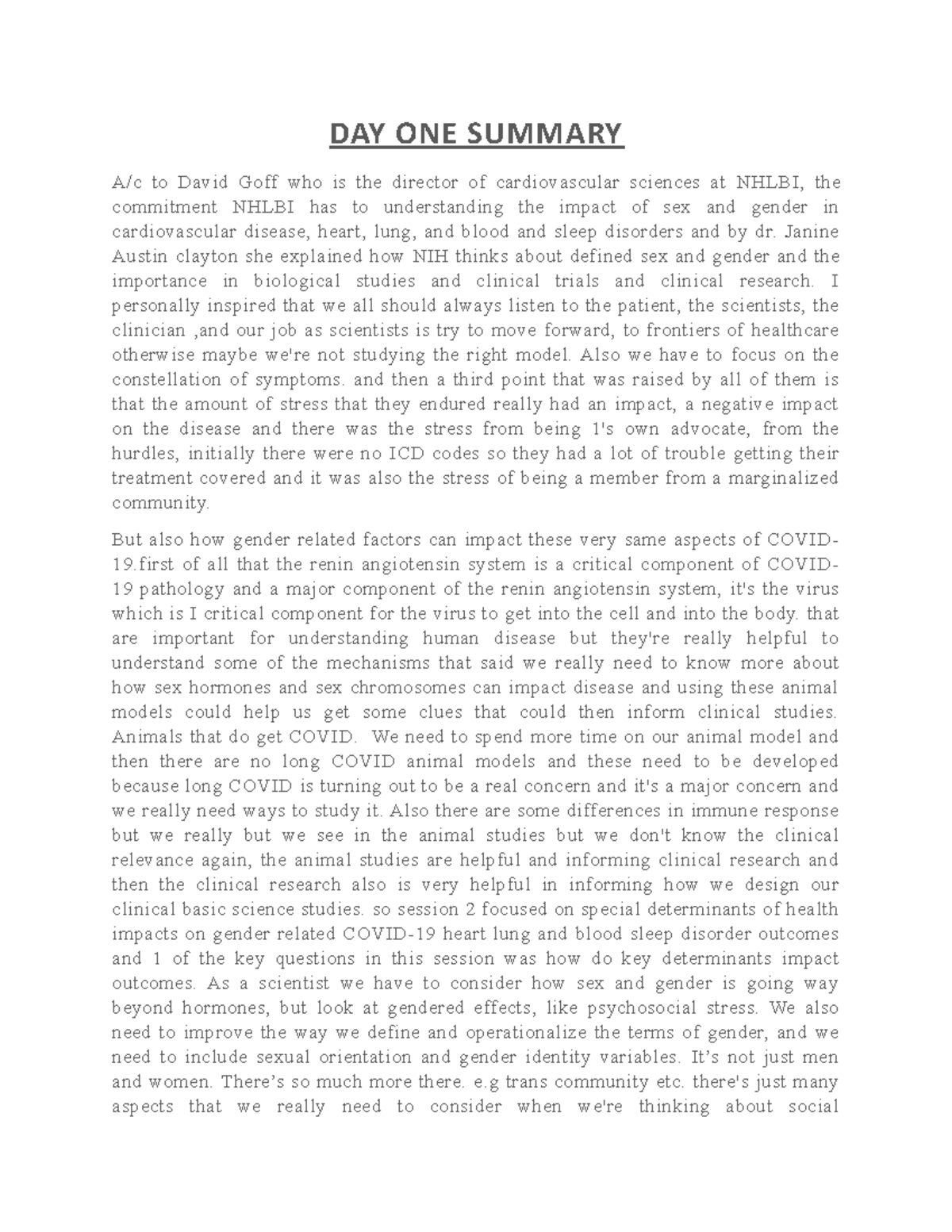 DAY ONE Summary - DAY ONE SUMMARY to David Goff who is the director of ...