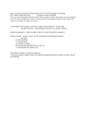 Mole calculations - Mole, RMM, concentration of a solution, chemical ...