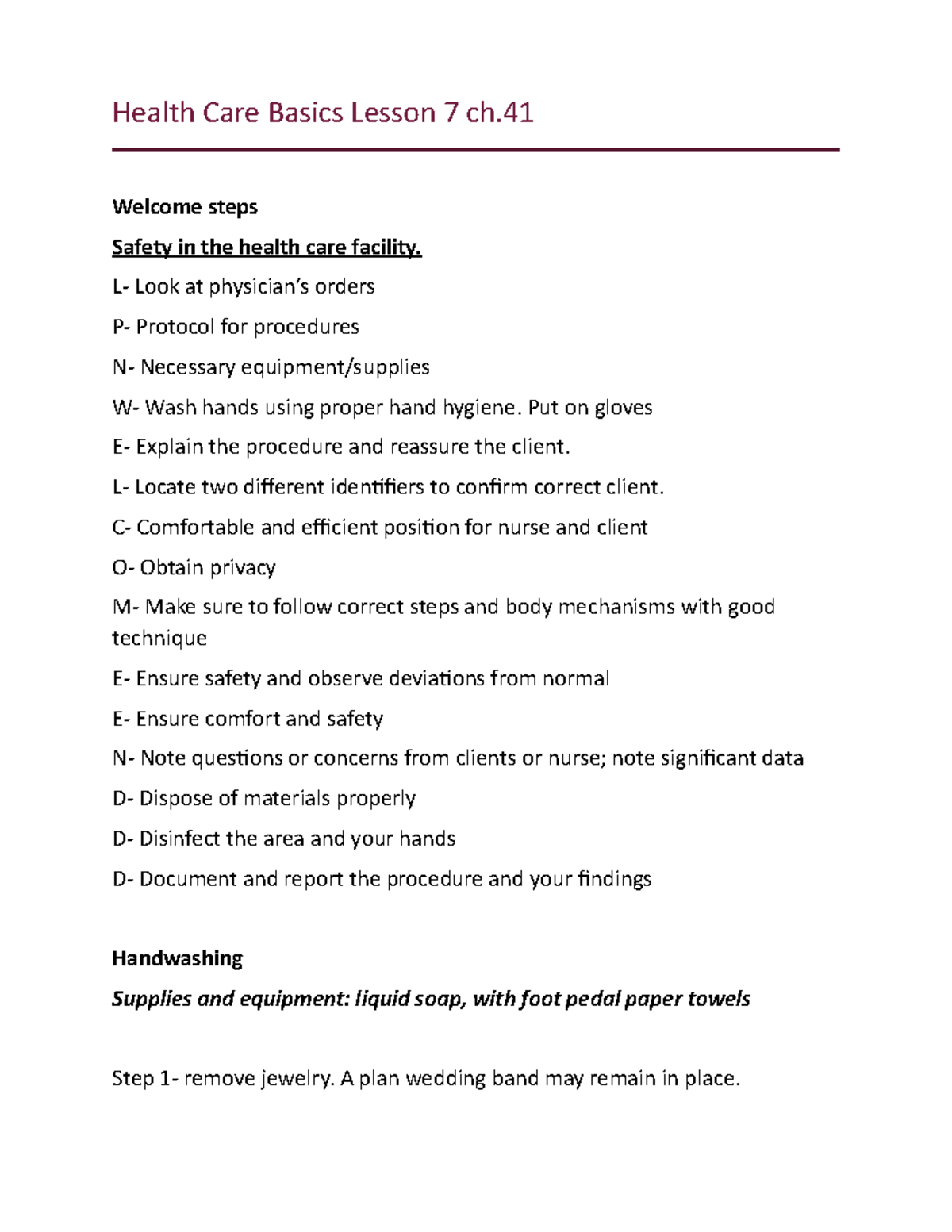 Health Care Basics Lesson 7 ch41 - Welcome steps Safety in the health ...