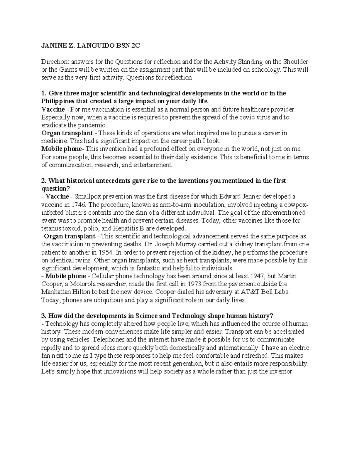 Standing on the Shoulders of the Giant and Questions for Reflection ...