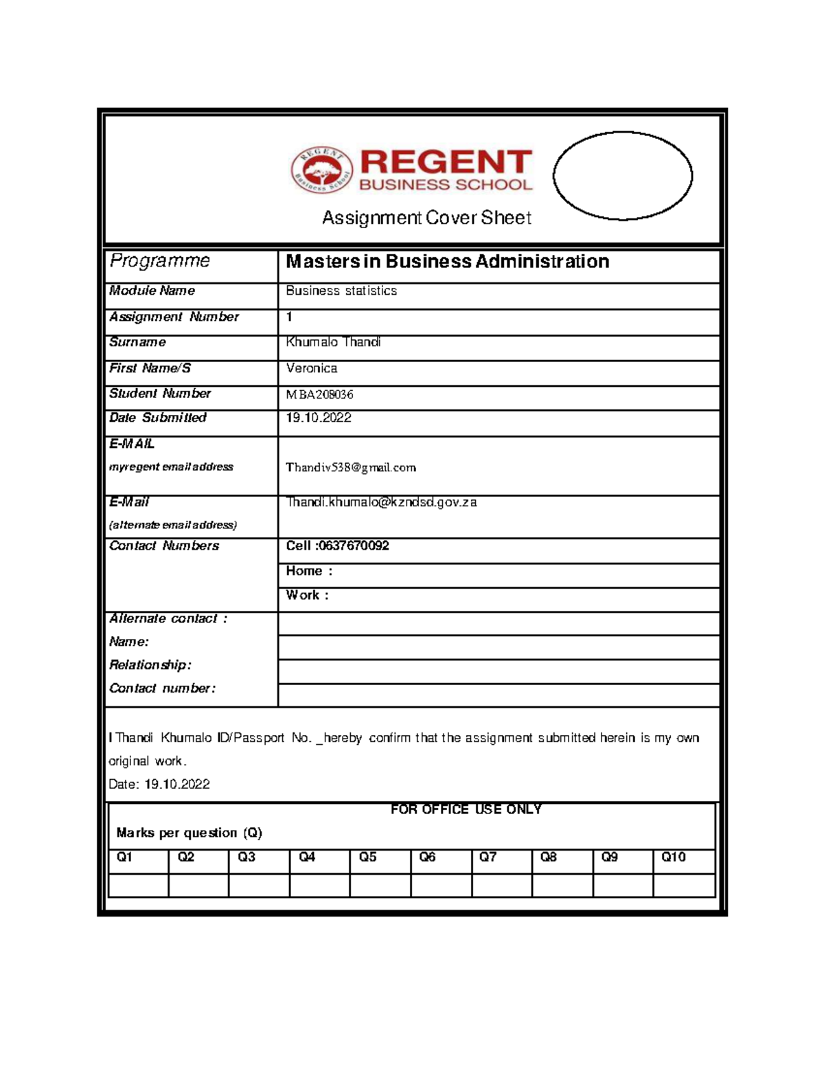 Managerial Statistics - Assignment Cover Sheet Programme Masters in ...